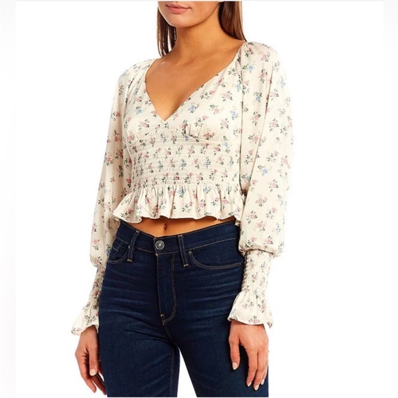 Wayf Tops Wayf Ditsy Floral Print Vneck Smocked Waist Balloon